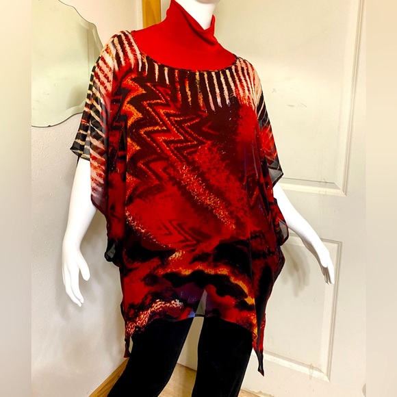Chico's | Tops | Chicos Topper In Red Orangegold And Black | Poshmark